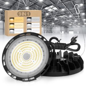 yarbo 200w led high bay light 180w 160w selectable, 3000k/4000k/5000k switchable ufo led high bay light, us plug 5' cable, hanging hook, safe rope, non-dimmable, high bay led shop lights for warehouse