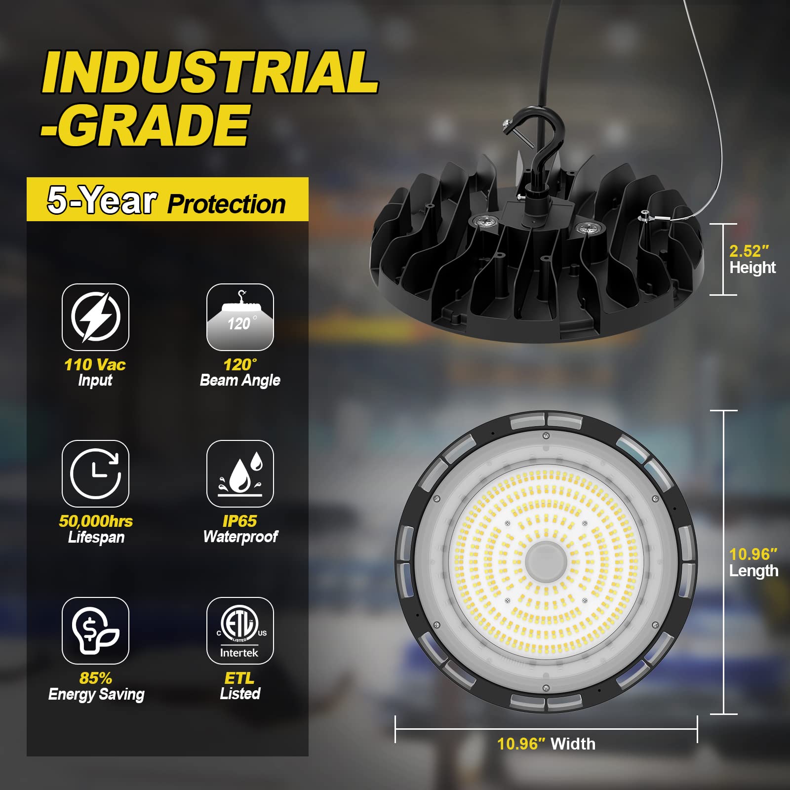 YARBO 200W LED High Bay Light 180W 160W Selectable, 3000K/4000K/5000K Switchable UFO LED High Bay Light, US Plug 5' Cable, Hanging Hook, Safe Rope, Non-Dimmable, High Bay LED Shop Lights for Warehouse