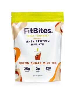 fitbites boba tea protein whey protein isolate (brown sugar milk tea), 5.9g bcaas, gluten free, zero, sugar, bubble tea protein powder