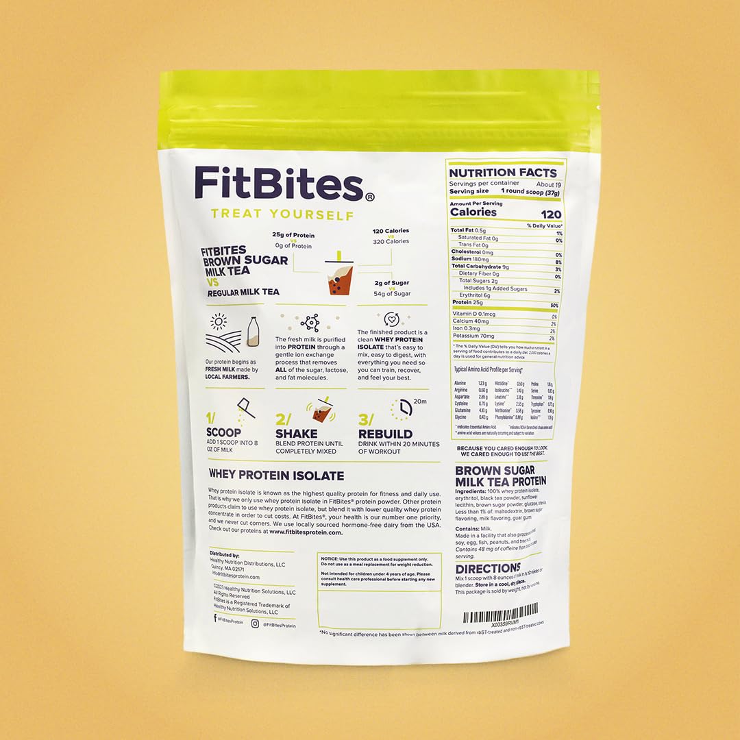 FitBites Boba Tea Protein Whey Protein Isolate (Brown Sugar Milk Tea), 5.9g BCAAs, Gluten Free, Zero, Sugar, Bubble Tea Protein Powder