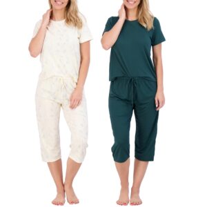 real essentials 2 pack: womens short sleeve shirt capri sweat pants pajama sets pajamas soft pj women two piece matching pants top loungewear sleep wear sexy summer bottoms pijamas ladies - set 3, xl