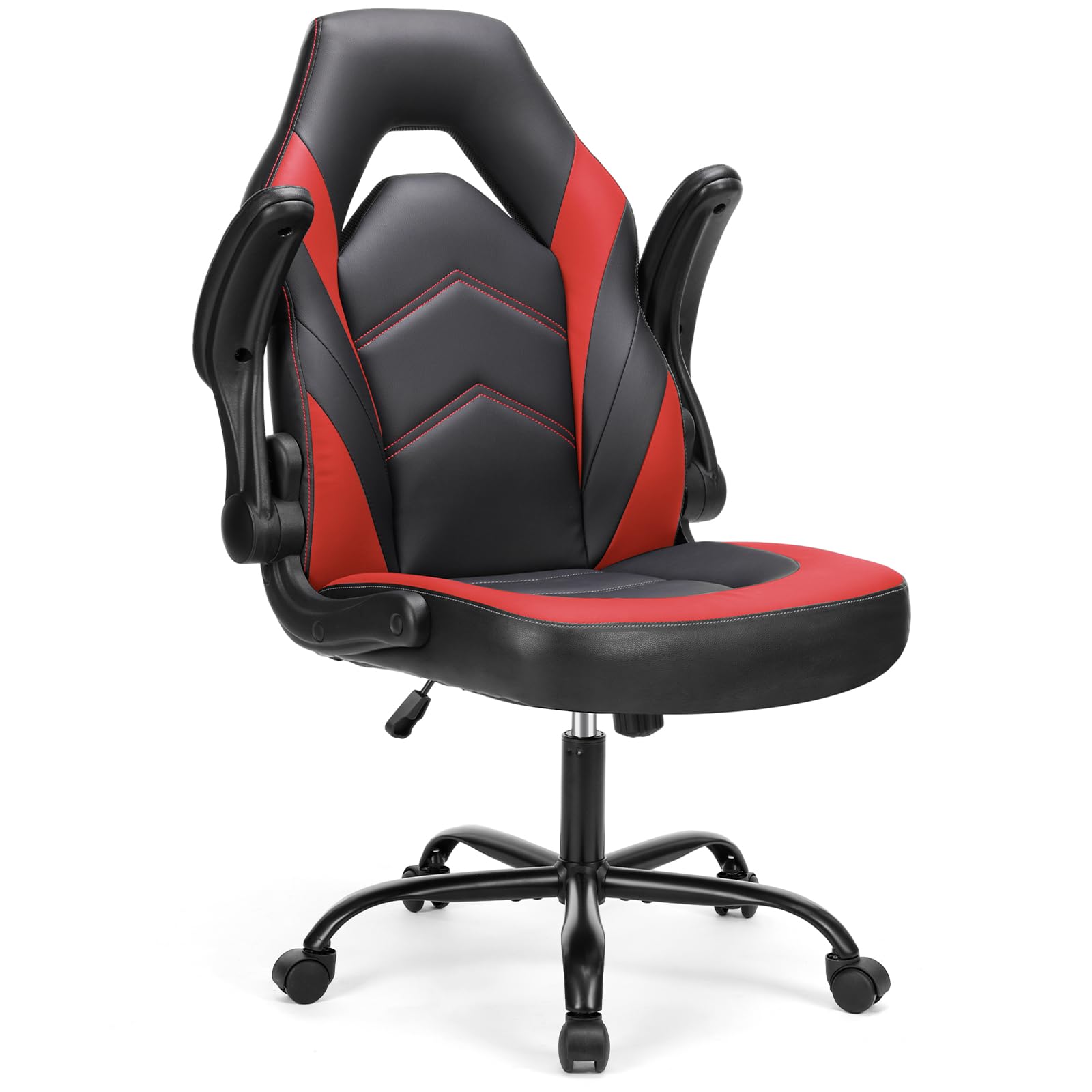 Sweetcrispy Computer Gaming Desk Chair - Ergonomic Office Executive Adjustable Swivel Task PU Leather Racing Chair with Flip-up Armrest for Adults, Kids, Men, Girls, Gamer, Black Red