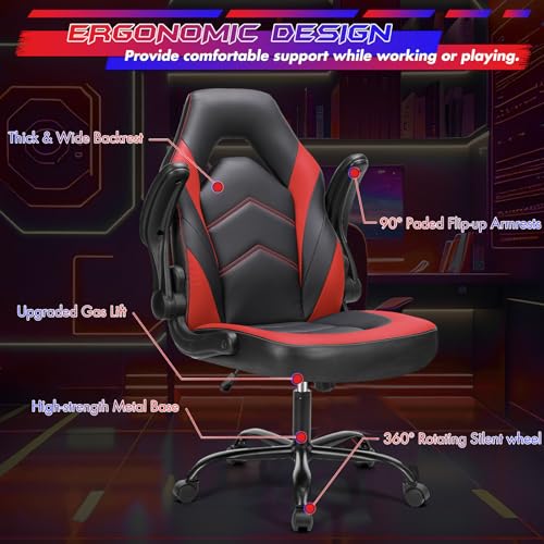 Sweetcrispy Computer Gaming Desk Chair - Ergonomic Office Executive Adjustable Swivel Task PU Leather Racing Chair with Flip-up Armrest for Adults, Kids, Men, Girls, Gamer, Black Red