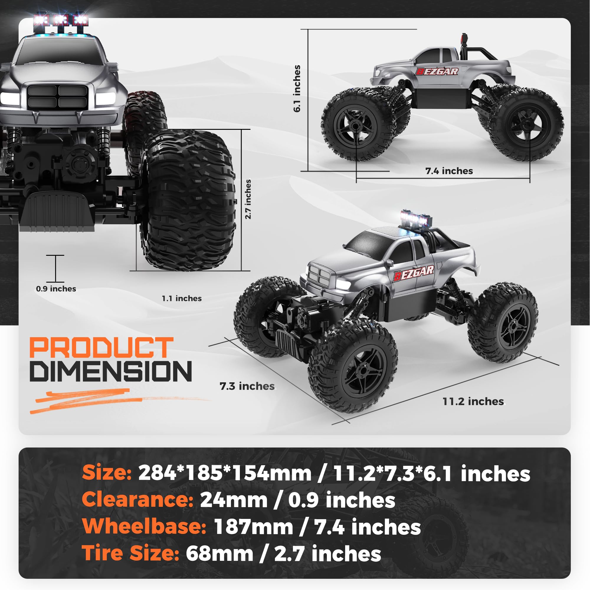 BEZGAR 1:14 Scale All Terrain Electric RC Truck - Waterproof Monster Truck for Kids with 2.4GHz Remote and Rechargeable Battery, TC141 Rc Car Remote Control Car for Boys 8-12