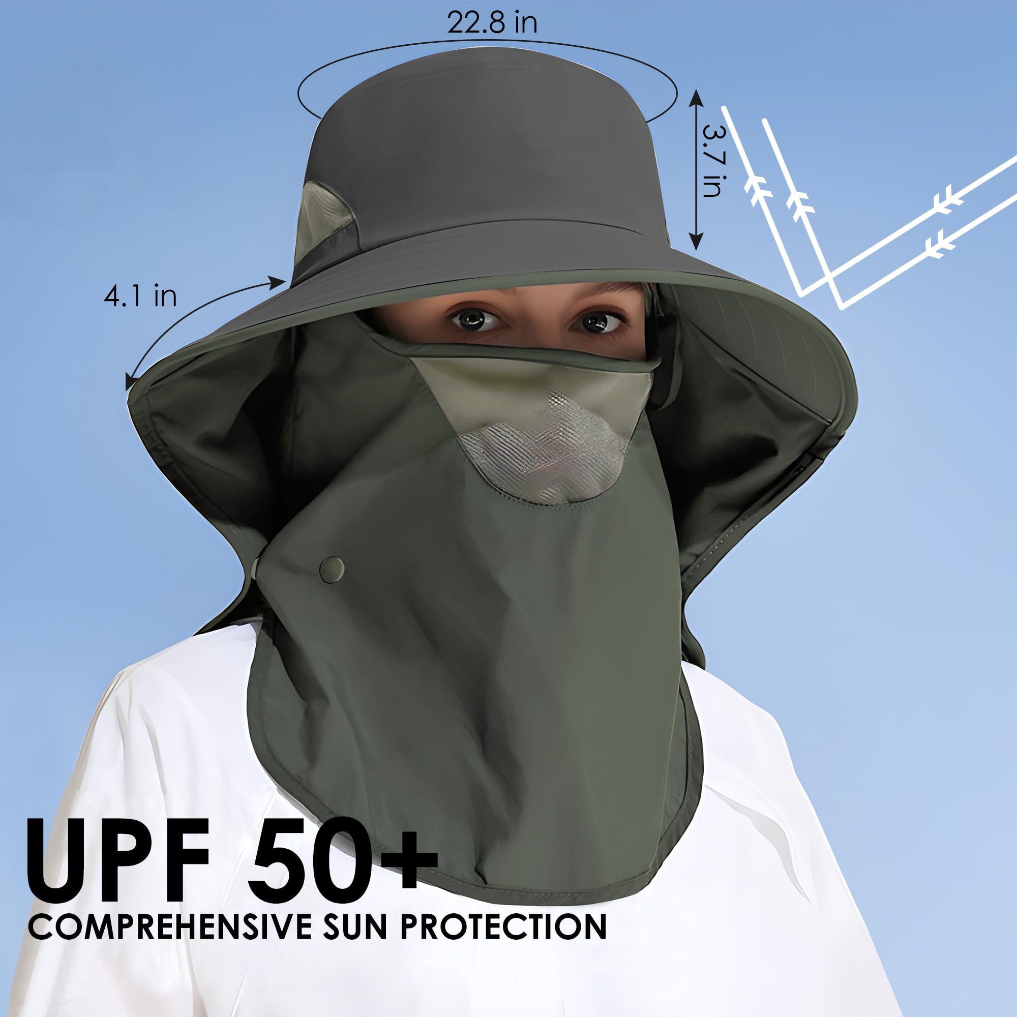 Outdoor Sun Hat Detachable Neck Face Flap UPF 50+UV Protection Visor Fishing Hats with Neck Flap for Men & Women Dark Grey