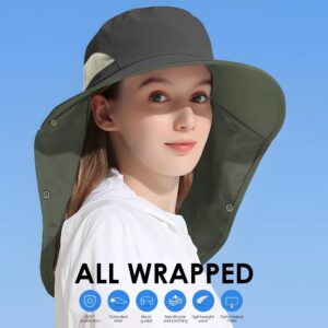 Outdoor Sun Hat Detachable Neck Face Flap UPF 50+UV Protection Visor Fishing Hats with Neck Flap for Men & Women Dark Grey