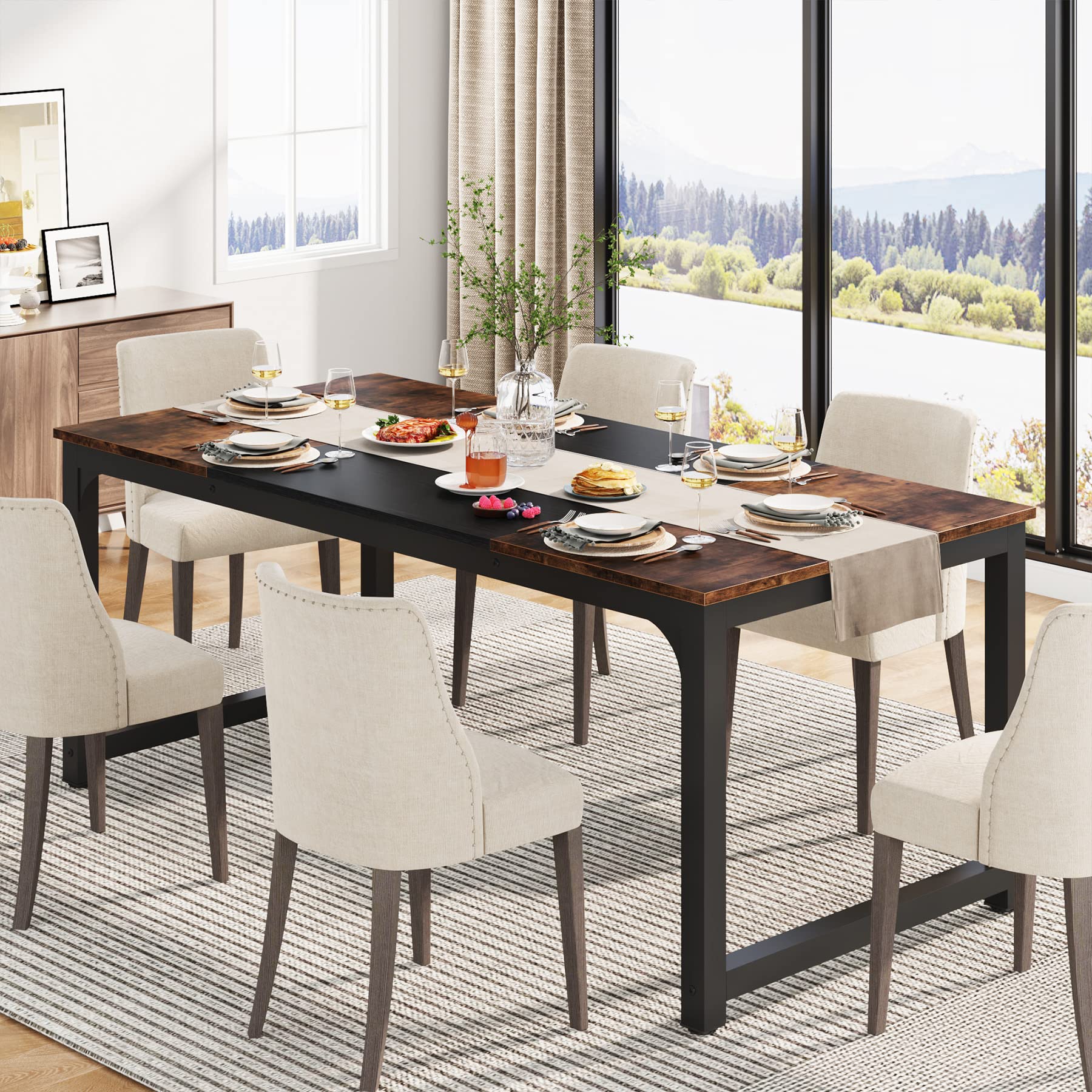 LITTLE TREE 70.9 Inch Large Dining Table Rectangular Kitchen Furniture for 6 to 8 People, Brown+Black