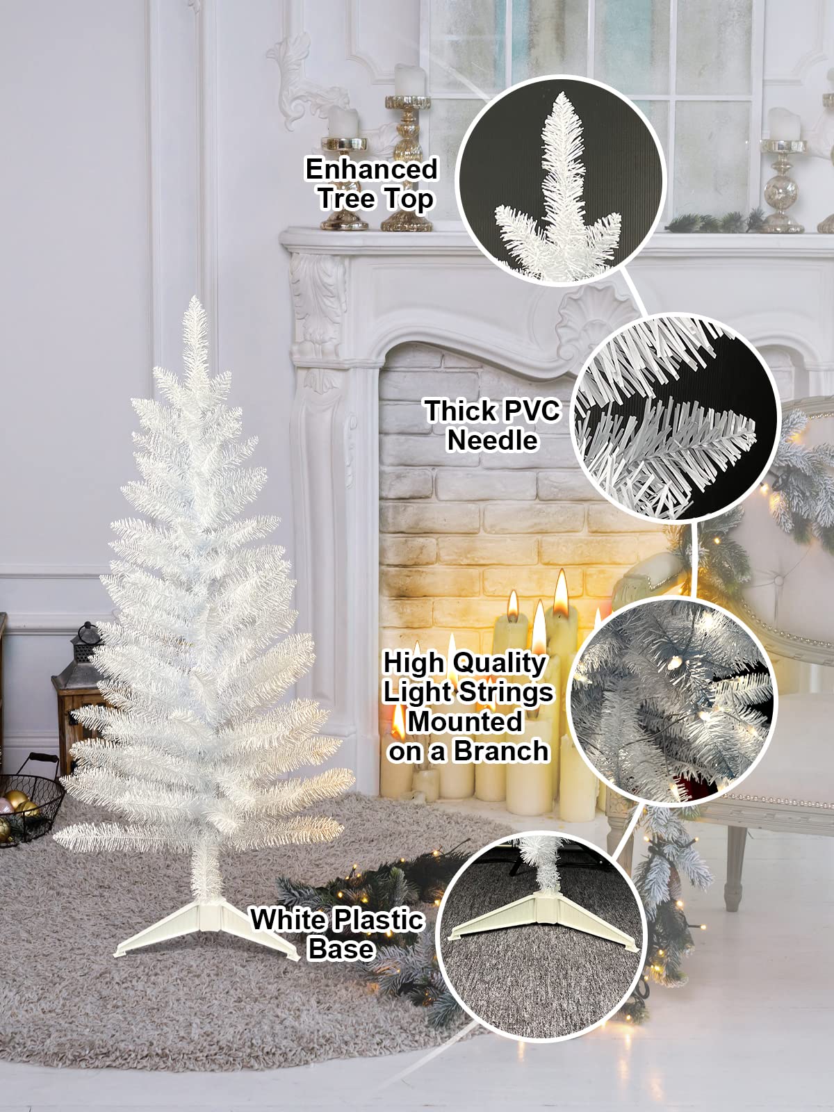 3FT Artificial Christmas Tree, White Christmas Tree with Stand Small Christmas Tree with Lights Xmas Tree with 88 Branch Tips for Indoor and Outdoor