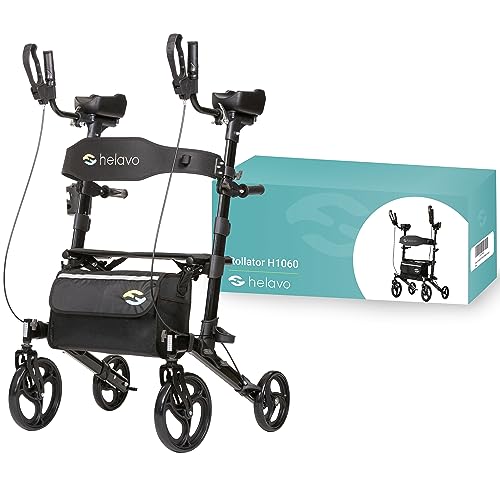 Helavo Upright Walker with Seat, 10" Front Wheels, 26.4 Wide - Foldable Stand Up Walker for Seniors with Padded Armrests - Tall Standing Rollator