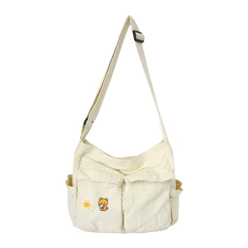 Canvas Messenger Bag Large Hobo Crossbody Bags with Multiple Pockets,School Vintage Shoulder Laptop Bag for Women and Men-White