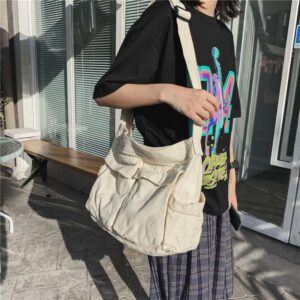 Canvas Messenger Bag Large Hobo Crossbody Bags with Multiple Pockets,School Vintage Shoulder Laptop Bag for Women and Men-White