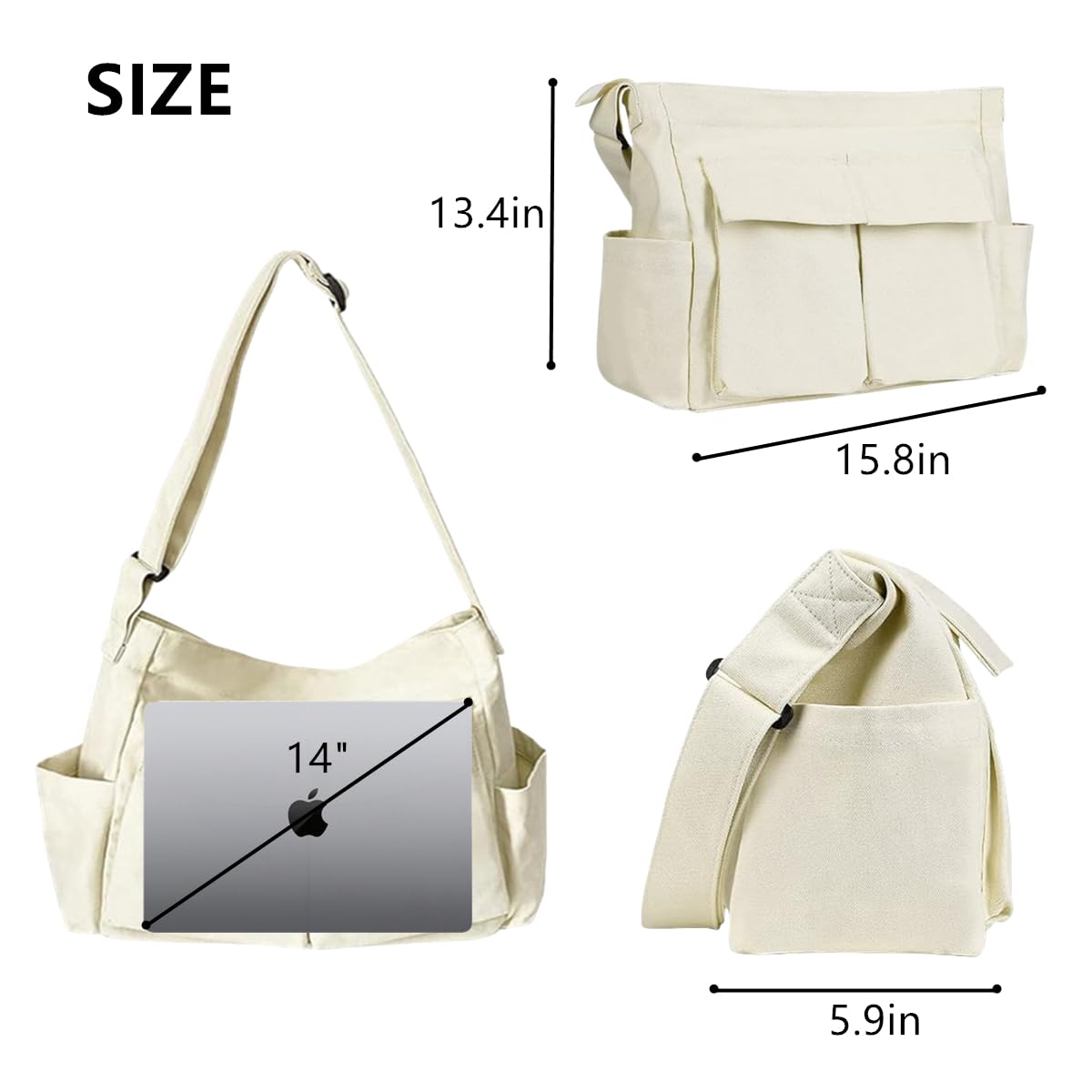 Canvas Messenger Bag Large Hobo Crossbody Bags with Multiple Pockets,School Vintage Shoulder Laptop Bag for Women and Men-White