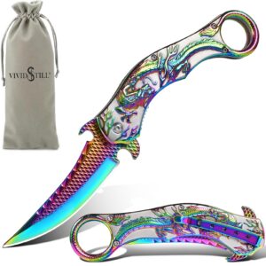 vividstill pocket knife for men, cool folding knife with embossed 3d dragon relief, great gift edc knife for men outdoor survival camping hiking (rainbow)