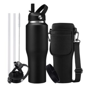 32oz insulated water bottle tumbler with straw - auto spout lid, protective boot, carrier pouch, vacuum stainless steel water bottles leak-proof, skinny thermo mug flask fit in car bike cup holder