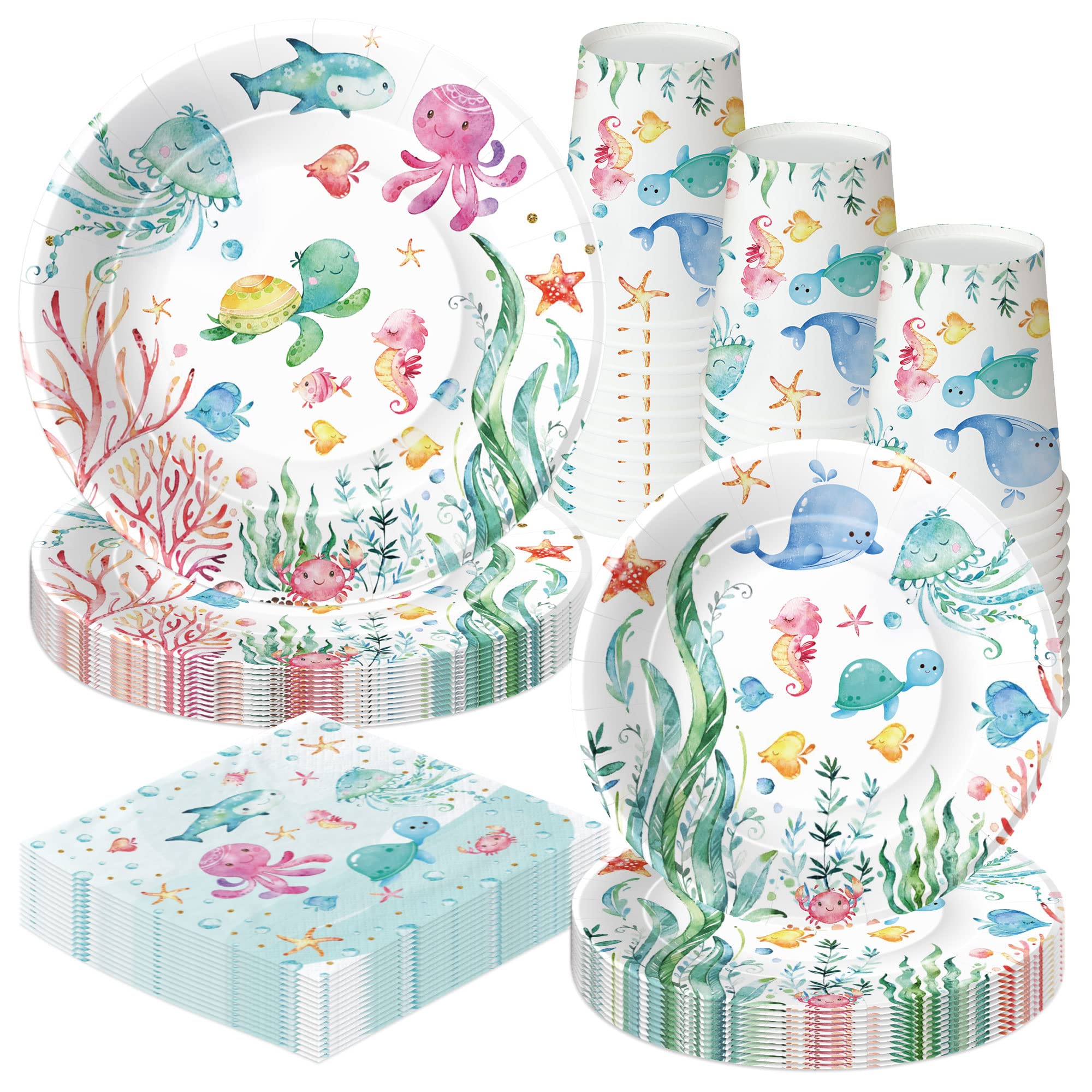 APOWBLS Ocean Under The Sea Party Decorations Dinnerware For Birthday Baby Shower, Ocean Theme Party Supplies, Plate, Cup, Napkin, Underwater World Sea Life Theme Party Decorations Tableware, Serve 48