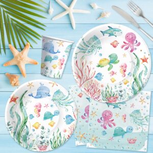 APOWBLS Ocean Under The Sea Party Decorations Dinnerware For Birthday Baby Shower, Ocean Theme Party Supplies, Plate, Cup, Napkin, Underwater World Sea Life Theme Party Decorations Tableware, Serve 48