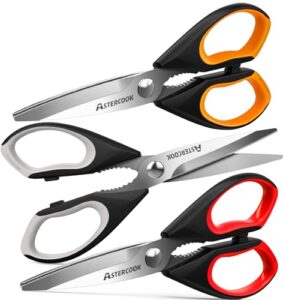 astercook heavy duty kitchen shears with serrated blade, ergonomic handle - for poultry, herbs, vegetables