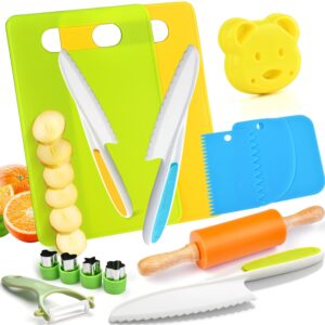 montessori kitchen tool for toddlers, wulumu 15pcs kids cooking set real children safe kitchen set include toddler knives cutting boards peeler rolling pin for toddler birthday gift christmas