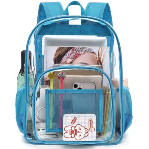 dezcrab clear backpack school backpack bookbag for girls boys women men, heavy duty see through transparent backpacks (peacock blue)