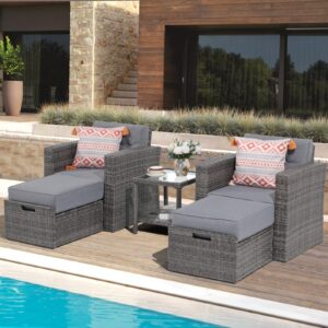 super patio 5 piece wicker outdoor sofa set, patio conversation set with ottoman set, outdoor couch set with tempered glass side table for poolside, front porch, deck, garden, gray wicker