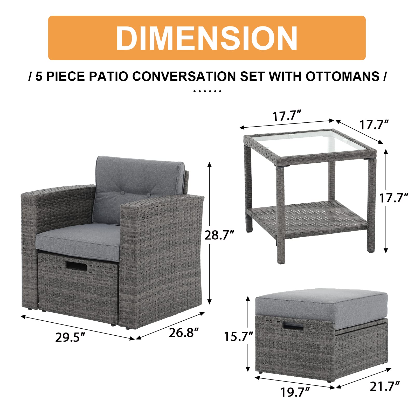 Super Patio 5 Piece Wicker Outdoor Sofa Set, Patio Conversation Set with Ottoman Set, Outdoor Couch Set with Tempered Glass Side Table for Poolside, Front Porch, Deck, Garden, Gray Wicker