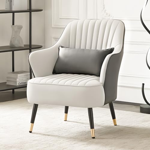 MoNiBloom Accent Upholstered Chair for Living Room Bedroom, Mid-Century Modern Leatheraire Sofa Chair Reading Chair w/Lumbar Pillow for Reading, Metal Legs White/Gray Contrasting Colors Comfy Chair