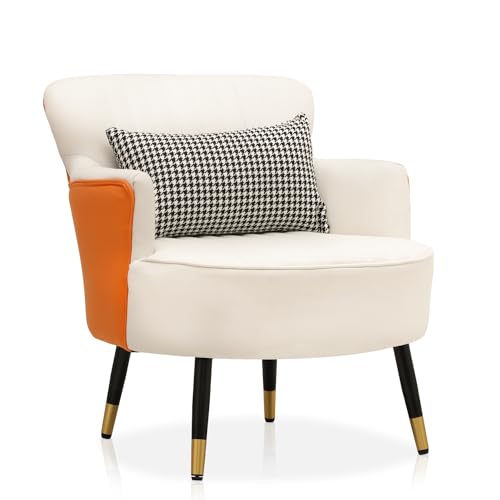 MoNiBloom Accent Armchair Single Sofa Chair with Lumbar Pillow, White/Orange Contrasting Colors Upholstered Bedroom Reading Chair, Mid Century Modern Leatheraire Armchair for Living Room Bedroom