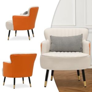 MoNiBloom Accent Armchair Single Sofa Chair with Lumbar Pillow, White/Orange Contrasting Colors Upholstered Bedroom Reading Chair, Mid Century Modern Leatheraire Armchair for Living Room Bedroom