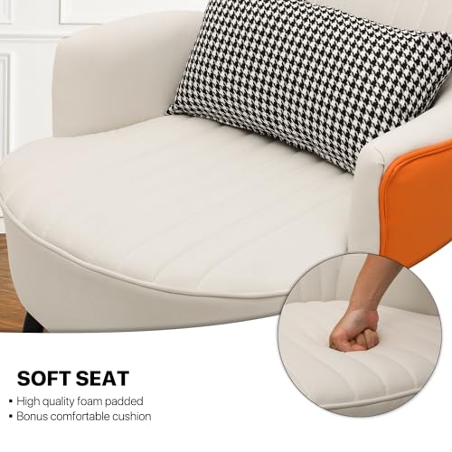 MoNiBloom Accent Armchair Single Sofa Chair with Lumbar Pillow, White/Orange Contrasting Colors Upholstered Bedroom Reading Chair, Mid Century Modern Leatheraire Armchair for Living Room Bedroom