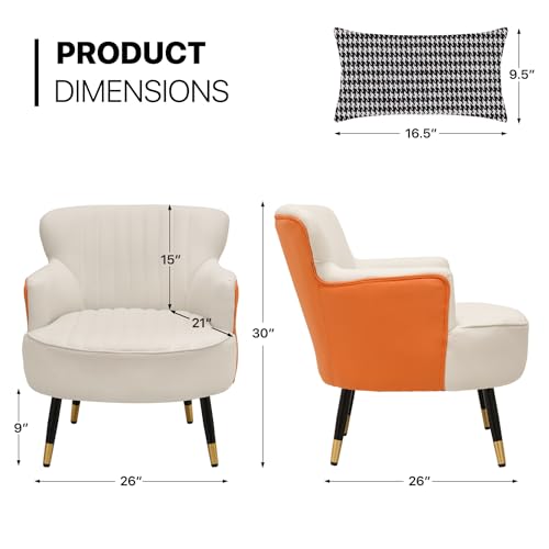 MoNiBloom Accent Armchair Single Sofa Chair with Lumbar Pillow, White/Orange Contrasting Colors Upholstered Bedroom Reading Chair, Mid Century Modern Leatheraire Armchair for Living Room Bedroom