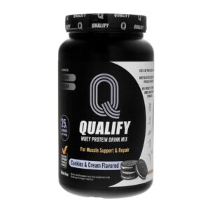 qualify whey protein powder drink mix, cookies & cream flavored, gluten free, highly kosher, 25g protein, 5.5g bcaa, 12.9g essential amino acids, 1.65lb