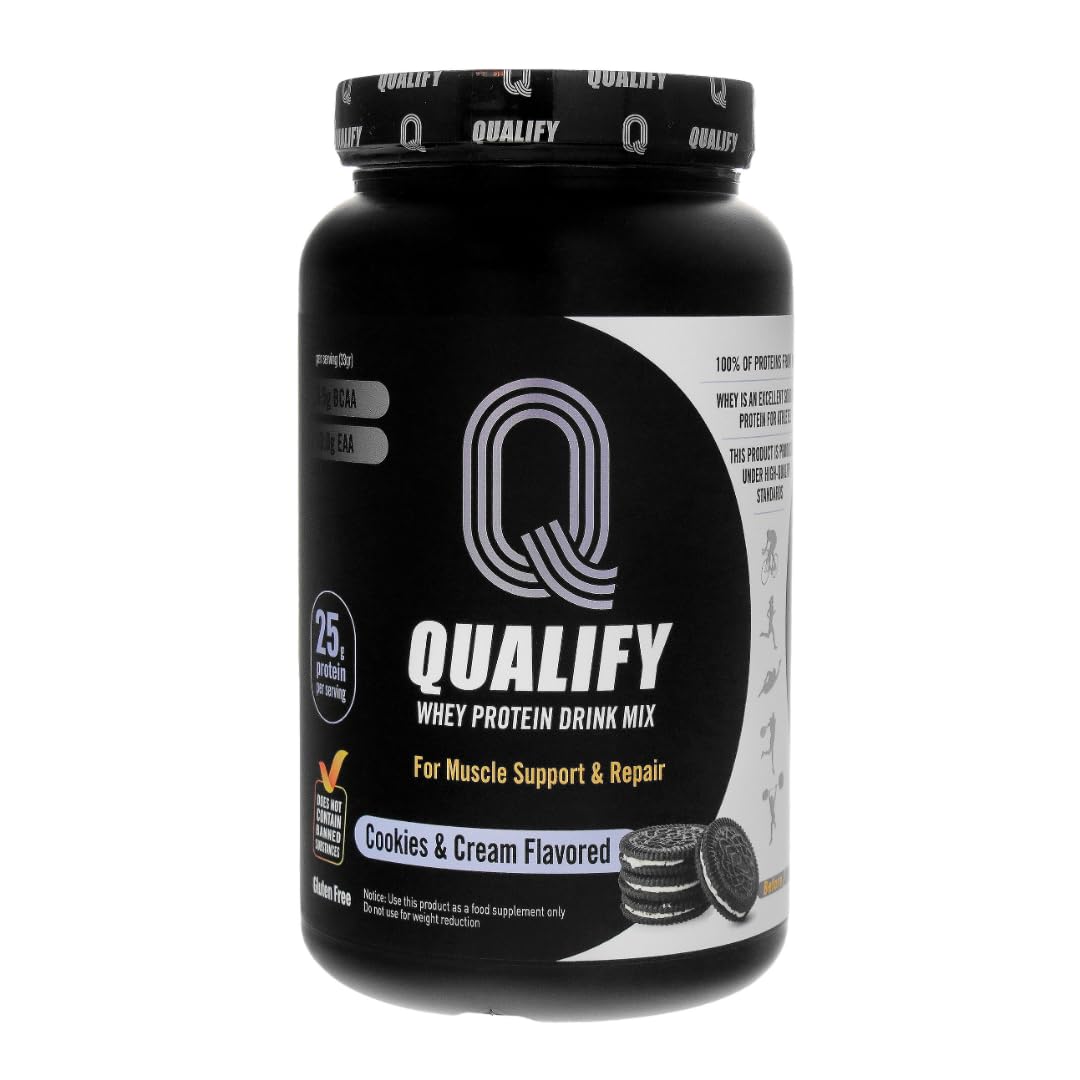 Qualify Whey Protein Powder Drink Mix, Cookies & Cream Flavored, Gluten Free, Highly Kosher, 25g Protein, 5.5g BCAA, 12.9g Essential Amino Acids, 1.65lb