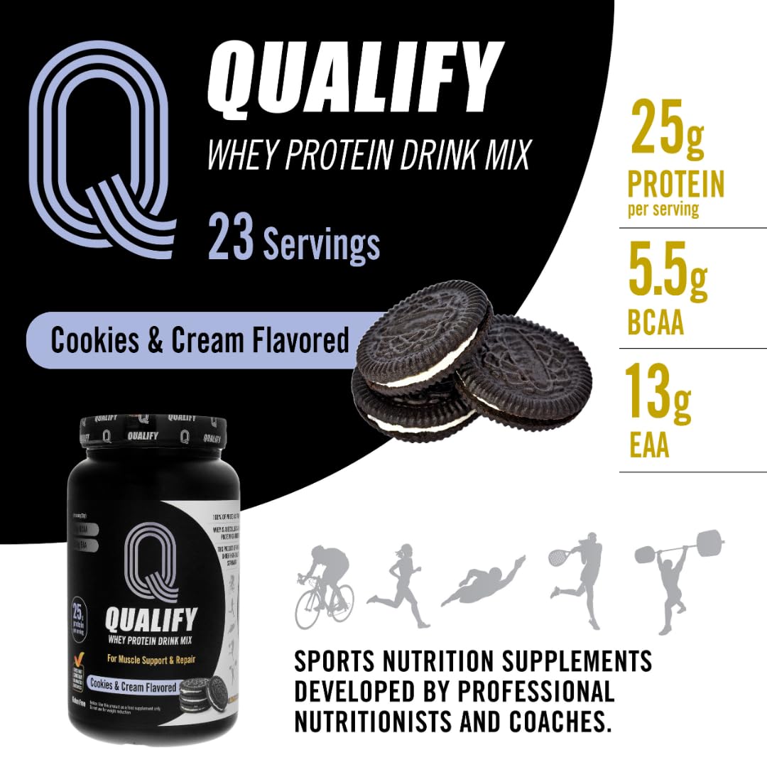 Qualify Whey Protein Powder Drink Mix, Cookies & Cream Flavored, Gluten Free, Highly Kosher, 25g Protein, 5.5g BCAA, 12.9g Essential Amino Acids, 1.65lb