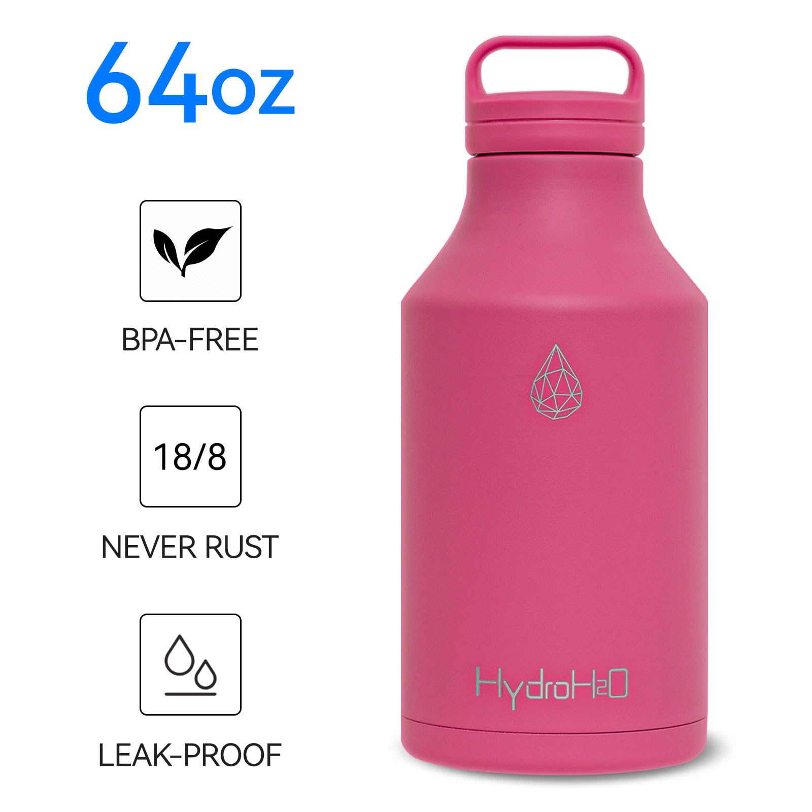 HYDRO H2O 64oz Stainless Steel Water Bottle, 1/2 gallon Vacuum Insulated Durable Jug, BPA-Free Metal Flask,Lightweight Double Wall Large Thermos for camping,sports,Gym, (Half Gallon Pink)