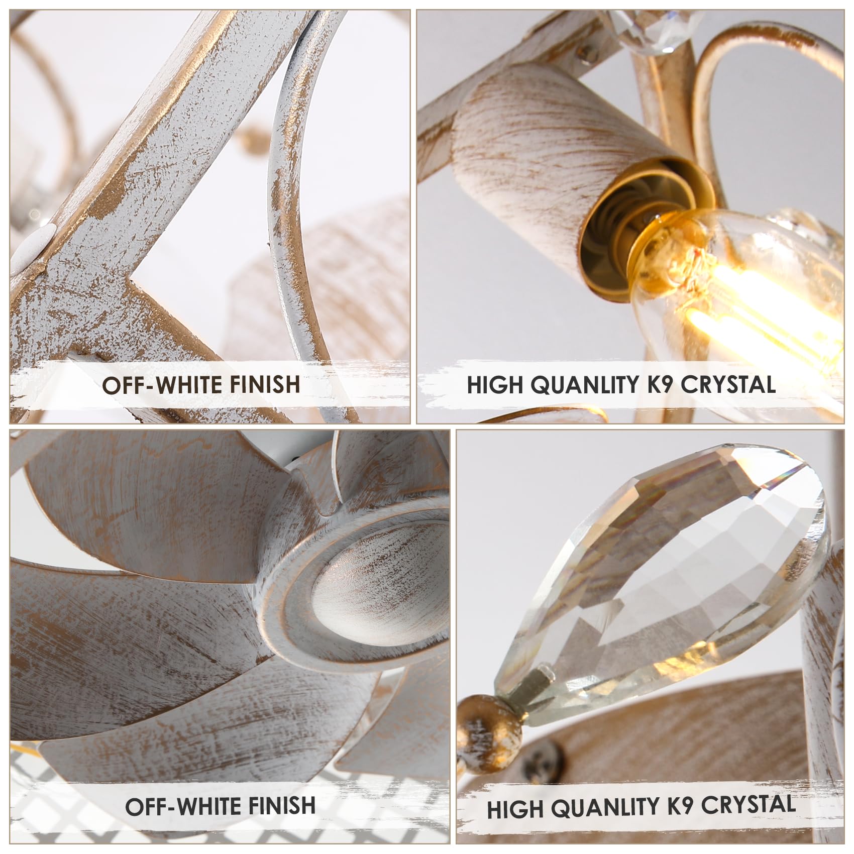 COCOSTAR Retro-white Ceiling Fans with Lights, Vintage Caged Ceiling Fan with Crystals, White Chandelier Fan with Crystals for Dining Room, 3 Downrods, 3 Speed, Timer and E12*5 Bulb Included