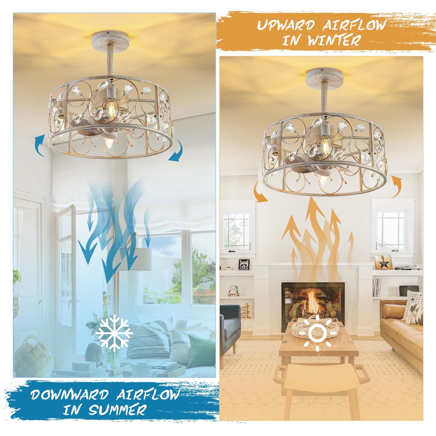 COCOSTAR Retro-white Ceiling Fans with Lights, Vintage Caged Ceiling Fan with Crystals, White Chandelier Fan with Crystals for Dining Room, 3 Downrods, 3 Speed, Timer and E12*5 Bulb Included