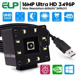 ELP 16mp Day Night USB Camera Auto Focus Webcam for Computer Mini UVC USB2.0 PC Camera IMX298 USB Security Camera 4K Lightburn Camera Industrial CCTV Laser Engraver Web Camera for Laptop Raspberry Pi