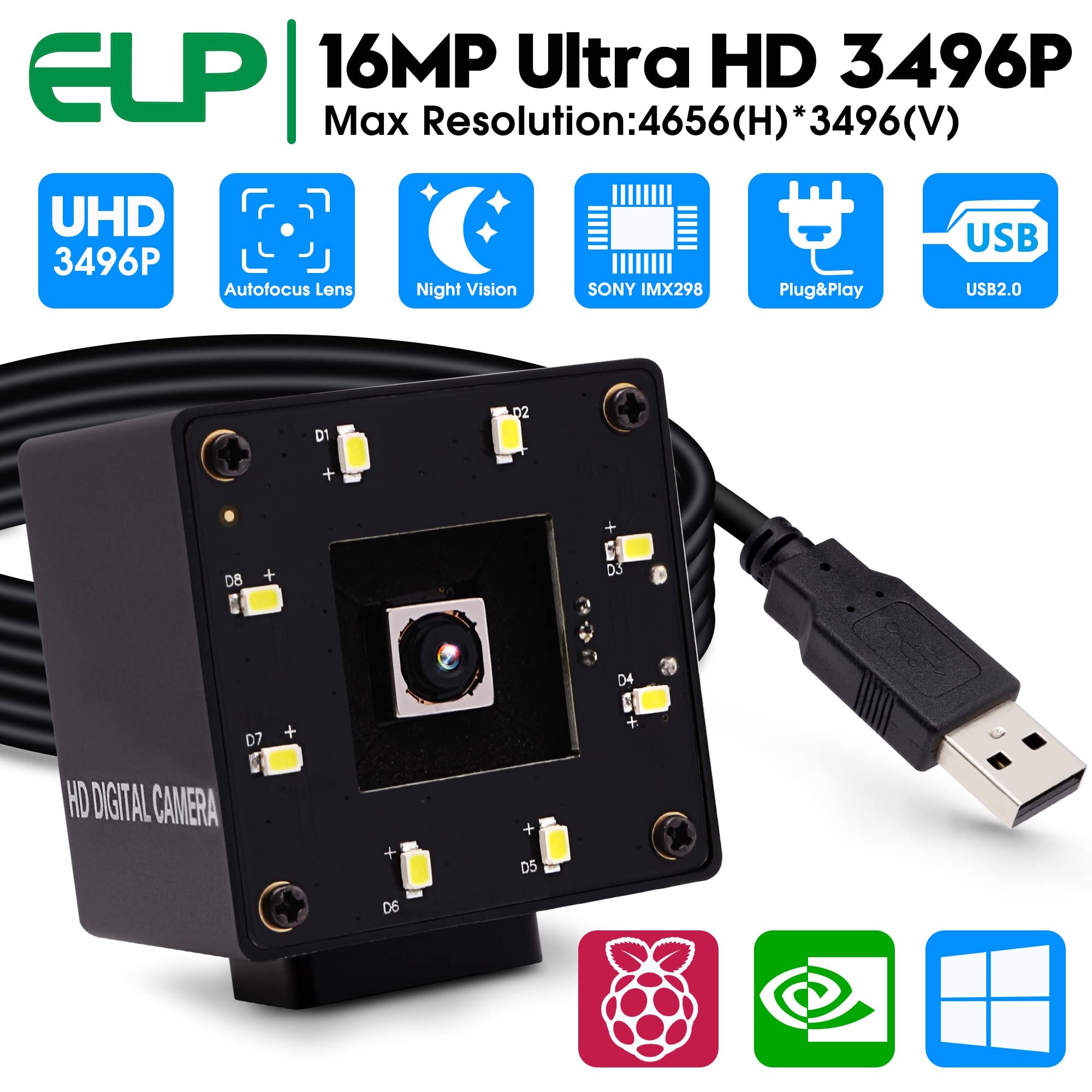 ELP 16mp Day Night USB Camera Auto Focus Webcam for Computer Mini UVC USB2.0 PC Camera IMX298 USB Security Camera 4K Lightburn Camera Industrial CCTV Laser Engraver Web Camera for Laptop Raspberry Pi