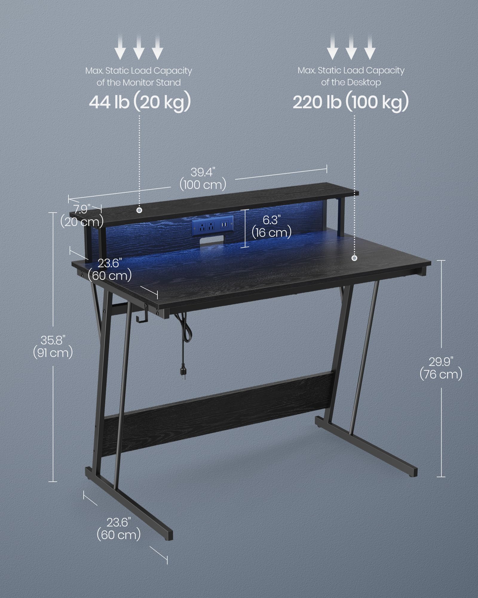 VASAGLE LED Gaming Desk with Power Outlets, Computer Desk with USB Ports, Office Desk with Monitor Stand for 2 Monitors, with Hooks, for Bedroom, 23.6 x 39.4 x 29.5 Inches Ebony Black ULWD091B56