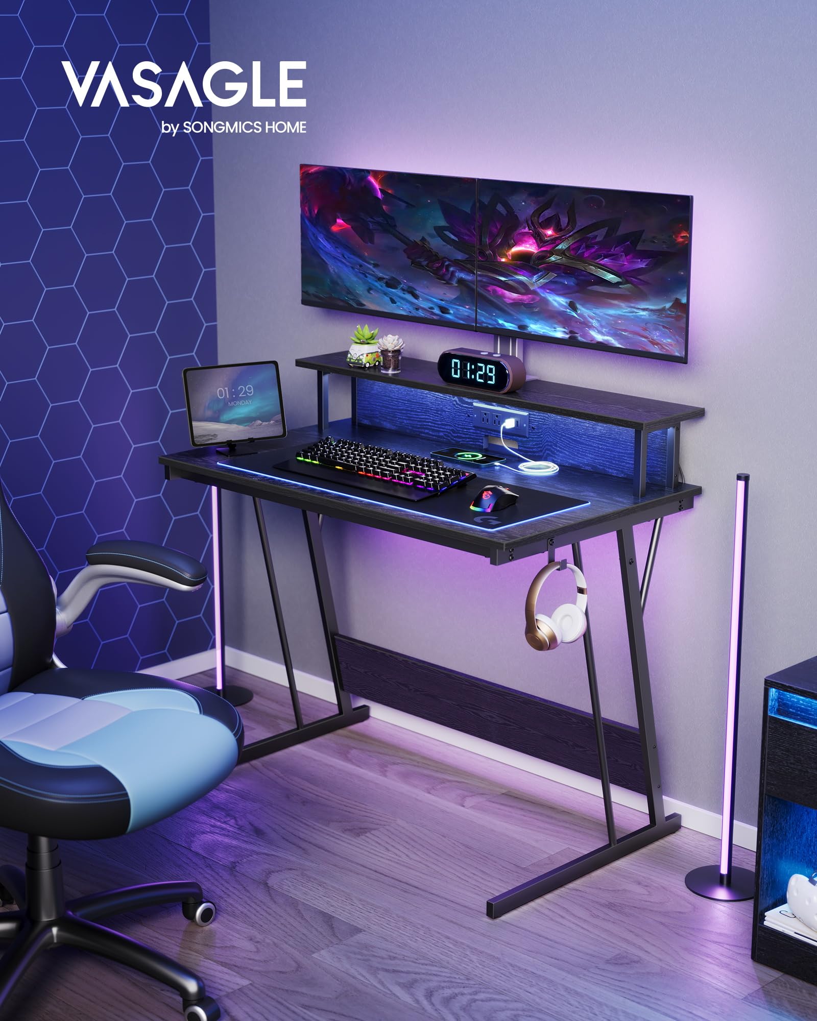 VASAGLE LED Gaming Desk with Power Outlets, Computer Desk with USB Ports, Office Desk with Monitor Stand for 2 Monitors, with Hooks, for Bedroom, 23.6 x 39.4 x 29.5 Inches Ebony Black ULWD091B56