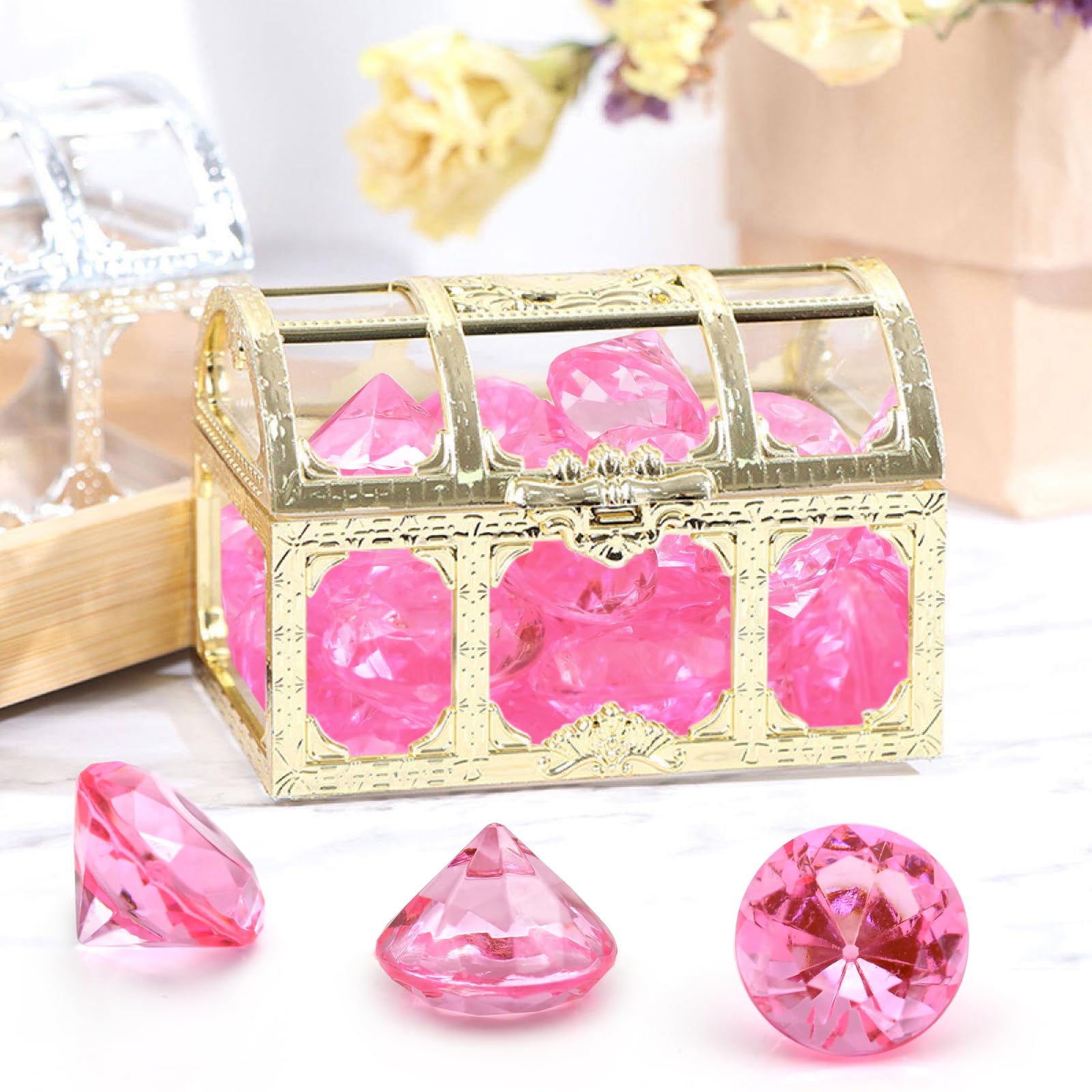 100 PCS Acrylic Diamond Gems, Pink Acrylic Diamonds 1 Inch Acrylic Gemstones Vase Filler Fake Gems Plastic Gems for Home Table Scatters Party, Event, Wedding, Arts & Crafts, Birthday Decorations