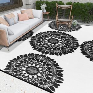 auruge outdoor rugs vintage floral plastic straw rug waterproof indoor outdoor carpet large portable reversible patio rug for camping,rv,backyard,deck,picnic,trailer,black & white,9'x12'