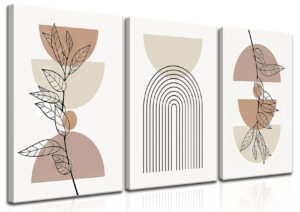 modern boho wall art set of 3 - abstract geometric line leaf beige botanical canvas paintings prints wall decor, minimalist wall art for living room, bedroom, office - framed 12x16 in