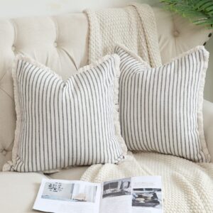 hckot throw pillow covers 18x18 set of 2 striped pillow covers with fringe chic cotton decorative pillows square cushion covers for sofa couch bed living room farmhouse decor,grey