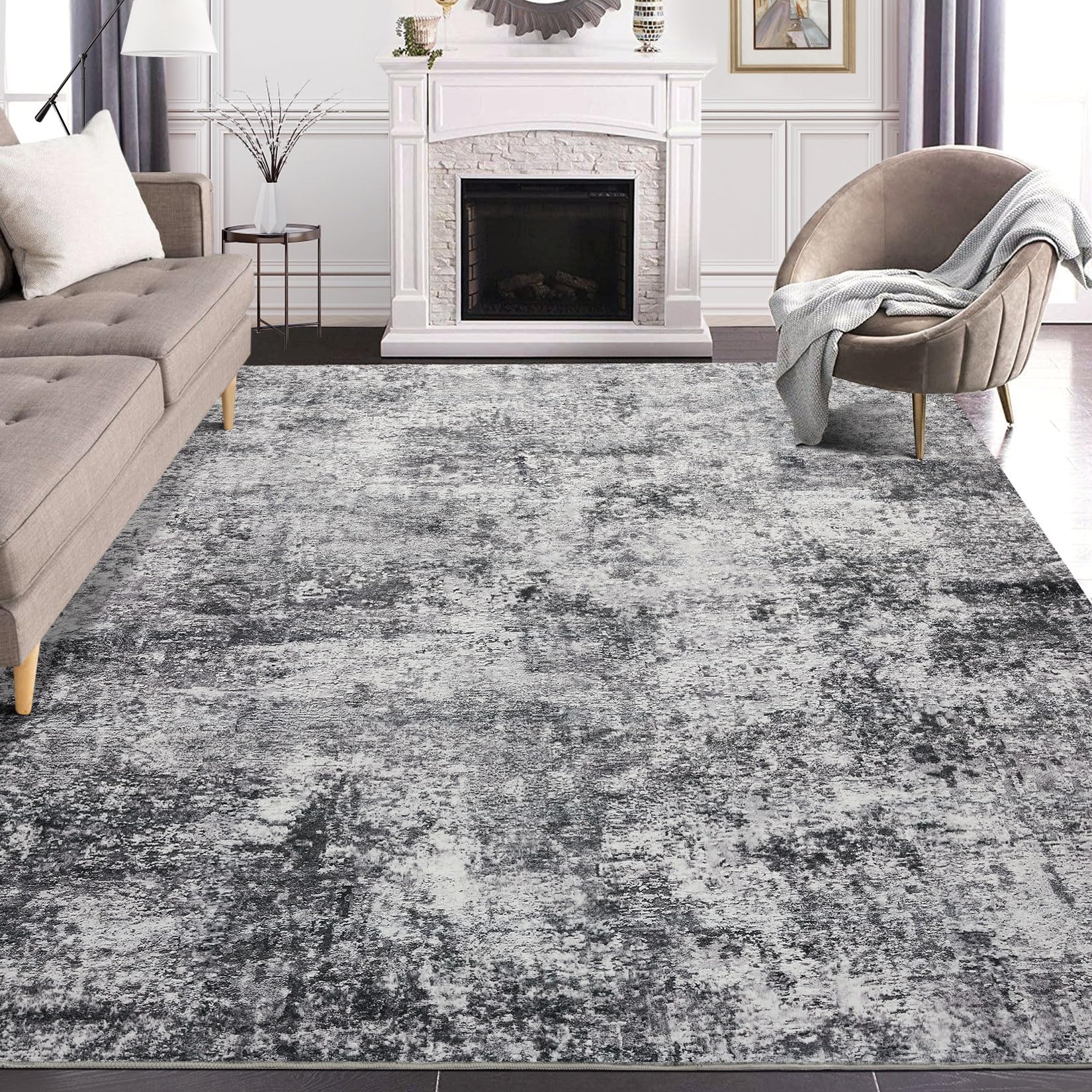 Area Rug Living Room Rugs - 9x12 Large Soft Indoor Neutral Modern Abstract Low Pile Washable Rug Carpet for Bedroom Dining Room Farmhouse Home Office - Grey