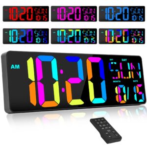 xrexs large digital wall clock with remote control, 17 inch led large display count up & down timer, adjustable brightness rgb color changing clock alarm clock for home, gym, office and classroom