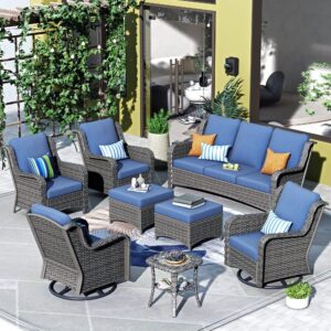 patio furniture outdoor swivel rocking chairs all weather wicker 8 pcs patio sofa conversation set with chairs and ottomans for deck garden backyard,grey rattan denim blue