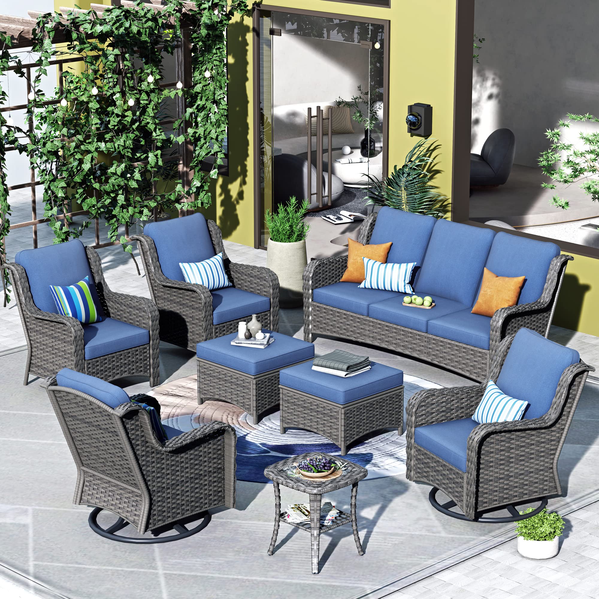 Patio Furniture Outdoor Swivel Rocking Chairs All Weather Wicker 8 PCS Patio Sofa Conversation Set with Chairs and Ottomans for Deck Garden Backyard,Grey Rattan Denim Blue