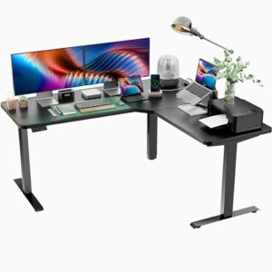 marsail corner stand up desk adjustable height with 4-in 1 electical outlet, l shaped electric standing desk with headphone hook, stand up desk for home office sturdy writing workstation black