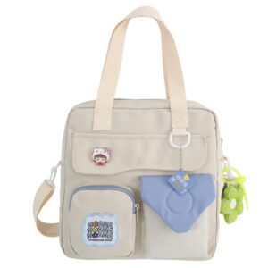 mwzing kawaii canvas crossbody bag with cute pins and pendent casual shoulder messenger bag white